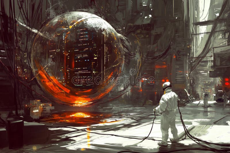 Sci-fi Illustration with a Technician in a White Coat Connecting a ...
