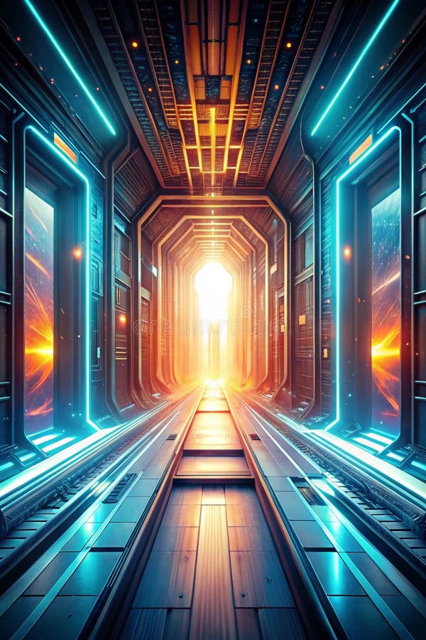 Sci-Fi Journey through the Door of the Future with Light Speed Stock Illustration - Illustration ...