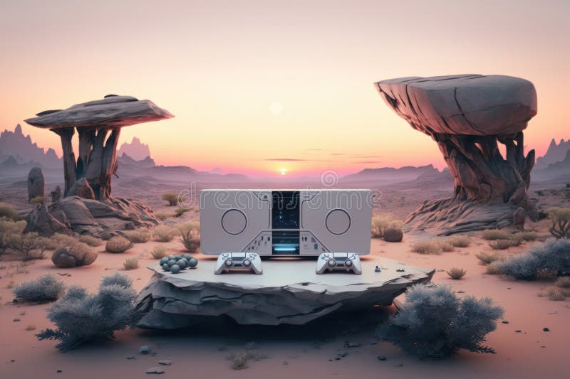 Sci-Fi Landscape with Futuristic Game Console and Wireless Controllers ...