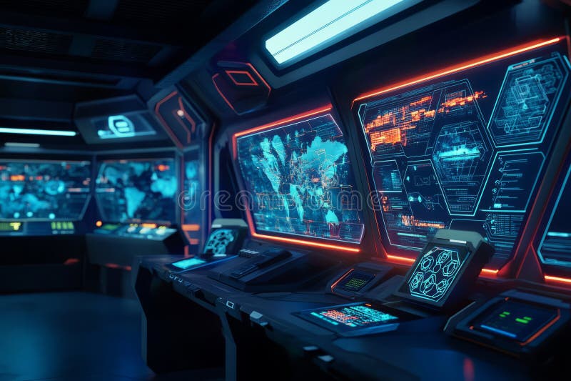 A Sci-fi Military Command Center with Hexagonal Holographic War Maps ...