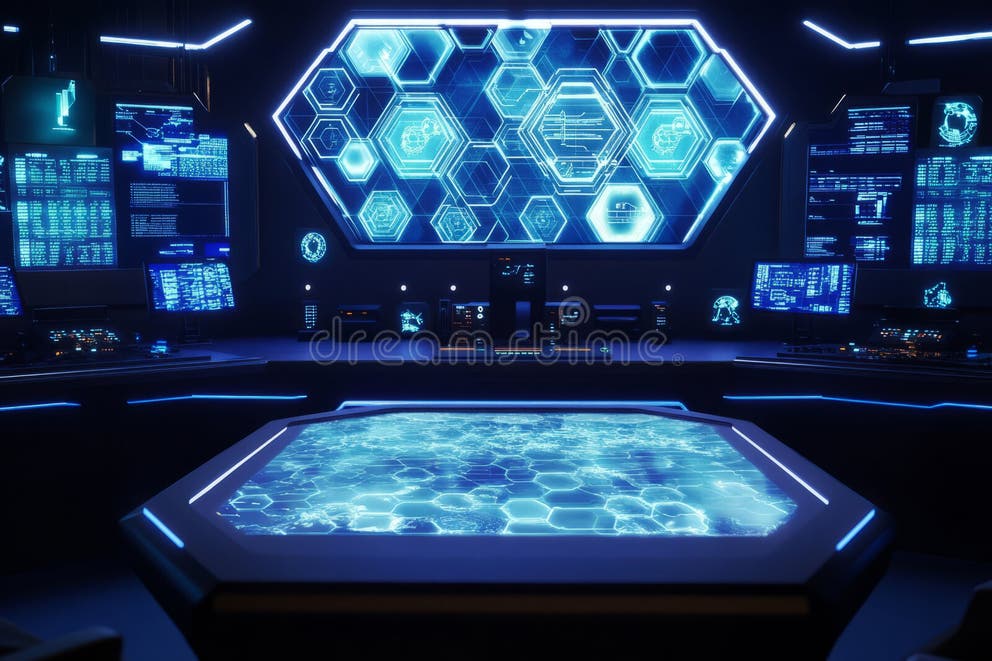 A Sci-fi Military Command Center with Hexagonal Holographic War Maps ...