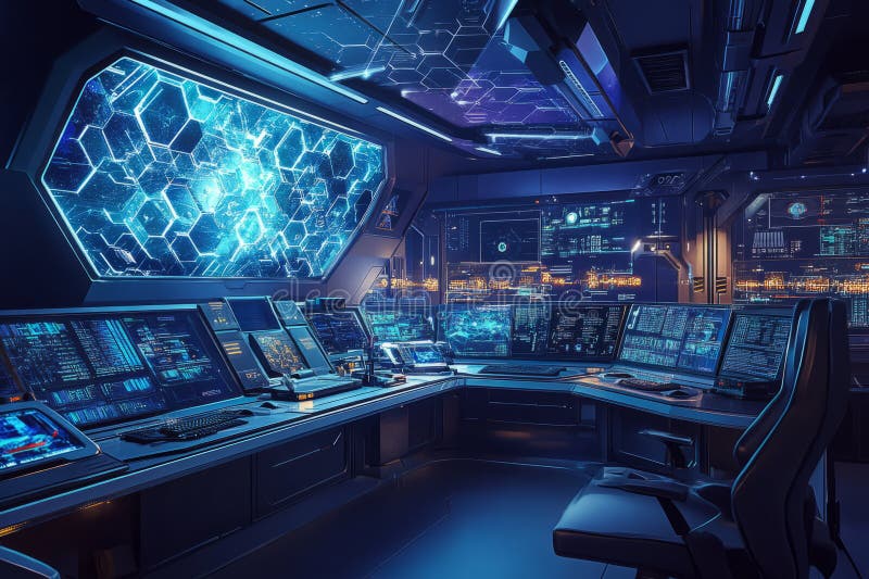 A Sci-fi Military Command Center with Hexagonal Holographic War Maps ...