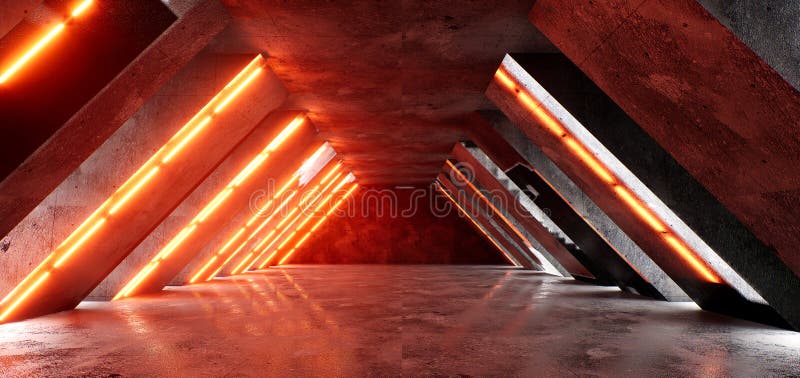 Sci-Fi Neon Glowing Lamps in a Dark Corridor. Reflections on the Floor ...