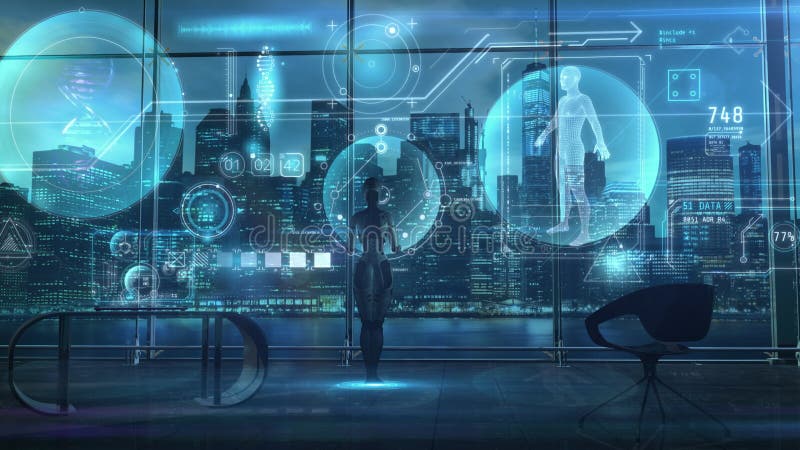 A Sci-fi Plot with an Android and an Array of Medical Data, 3D Render ...