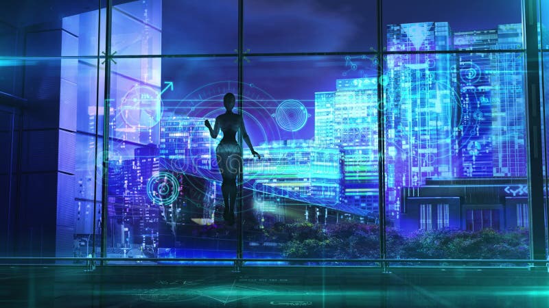 Sci-fi Plot with Android and Infographics, 3D Render Stock Footage ...