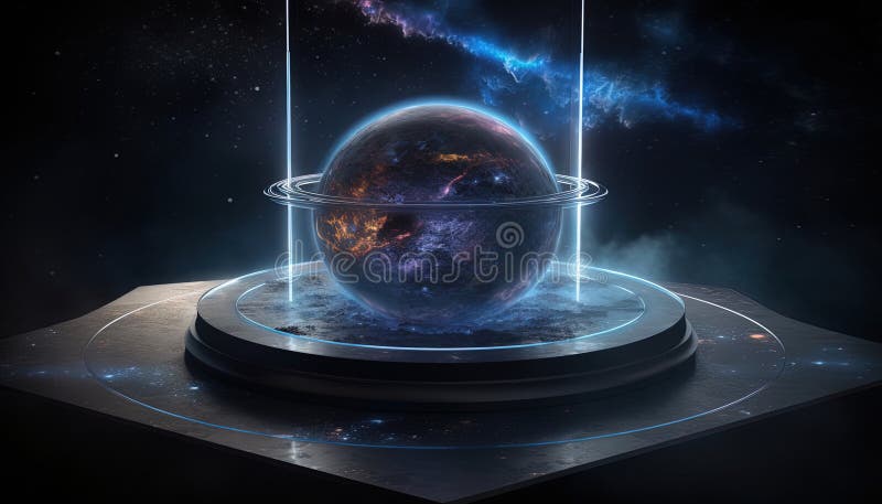 Sci-fi Presentation Podium with Planet, Lights and Galaxy in the Background Stock Illustration ...