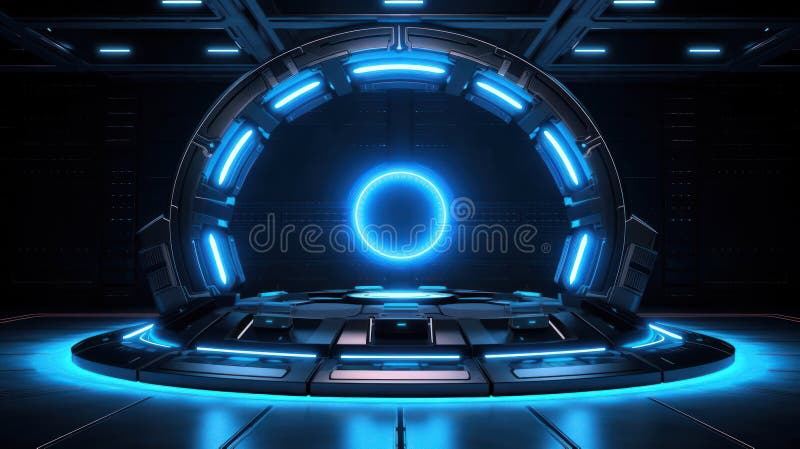 Sci-fi Product Podium Showcase Inside Spaceship with Security Metal Gate Background. Generative ...