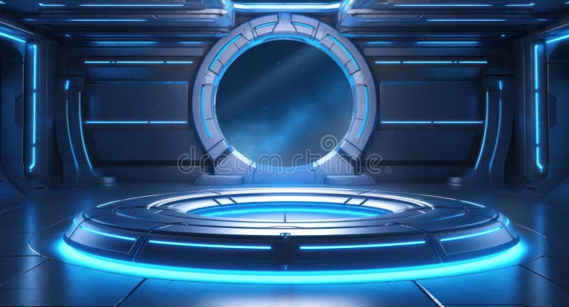 Sci-fi Product Podium Showcase Inside Spaceship with Security Metal Gate Background. Generative ...