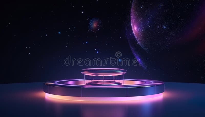 Sci-fi Product Presentation Podium with Neon Lights on Galaxy Background Stock Illustration ...