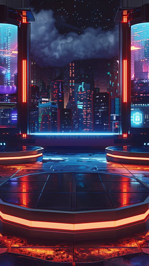 Sci-Fi Quiz Show Set in a Neon-Lit Studio with Advanced Technology ...
