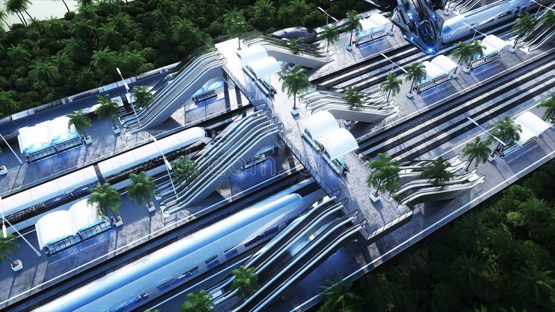 Sci Fi Railway Futuristic Station. Future Concept. Aerial View Stock ...