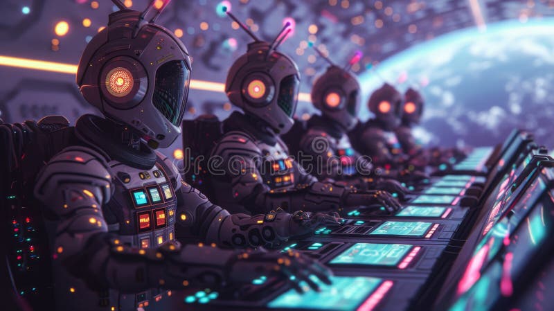 Sci-fi Robotic Operators Managing Systems with Futuristic Displays ...