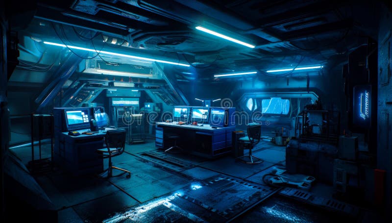 Sci - Fi Room with Computers and Lights. Generative AI Stock ...