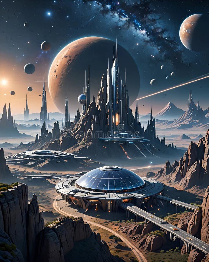 A Sci-fi Scene of a Settlement with Towering Structures Under a Starry ...