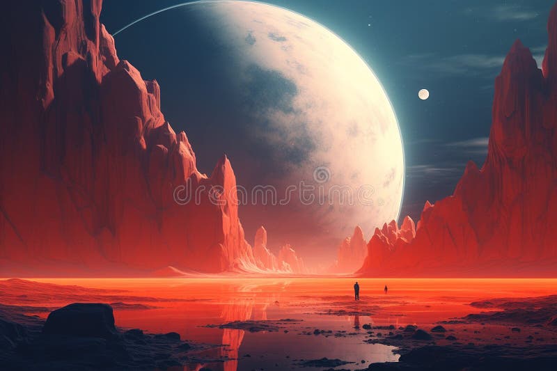 Alien Landscape with Giant Moon Stock Illustration - Illustration of ...
