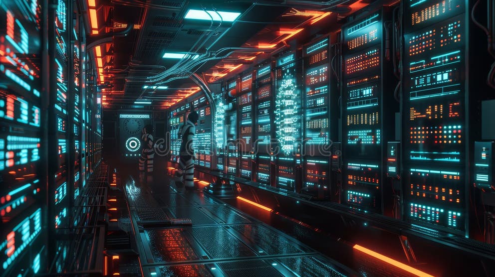 Sci-fi Server Room with Advanced Supercomputers and a Technician in a ...