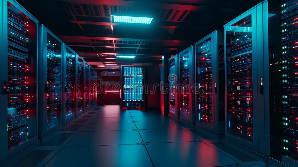 Sci-fi Server Room with Advanced Supercomputers and a Technician in a ...