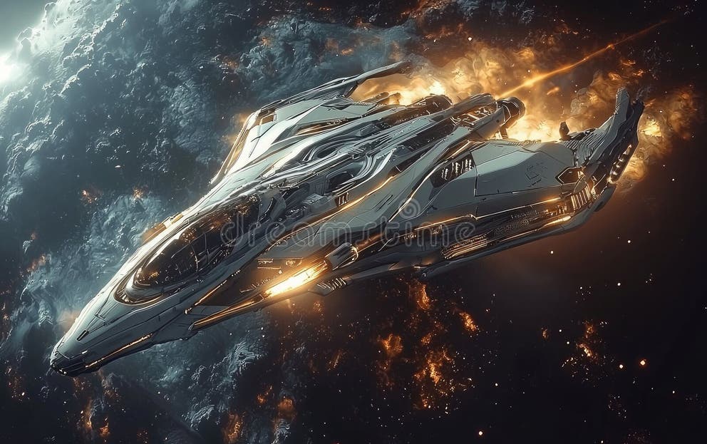 Futuristic Spaceship in Space with Explosions and Fire Stock ...