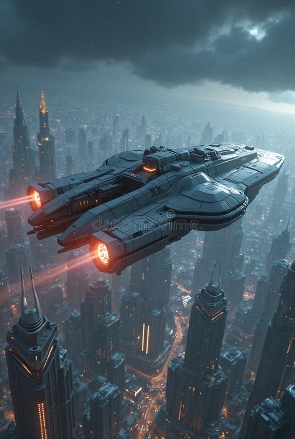 Sci-Fi Spaceship Flying Over a Futuristic City AI-GENERATED Stock Image - Image of generated ...