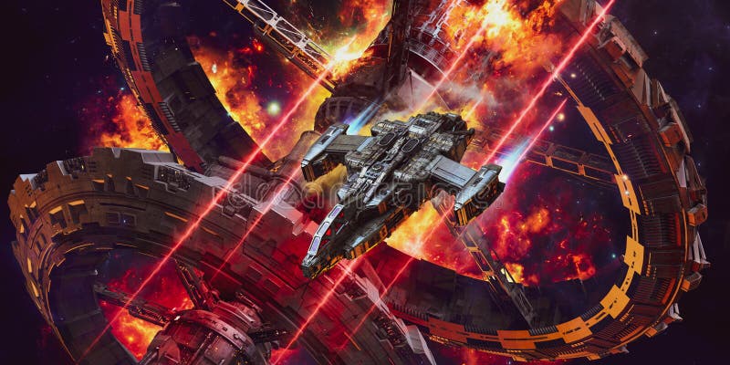 Sci-fi Spaceship Flying Past a Space Station Under Attack in Orbit ...