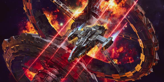 Sci-fi Spaceship Flying Past a Space Station Under Attack in Orbit ...