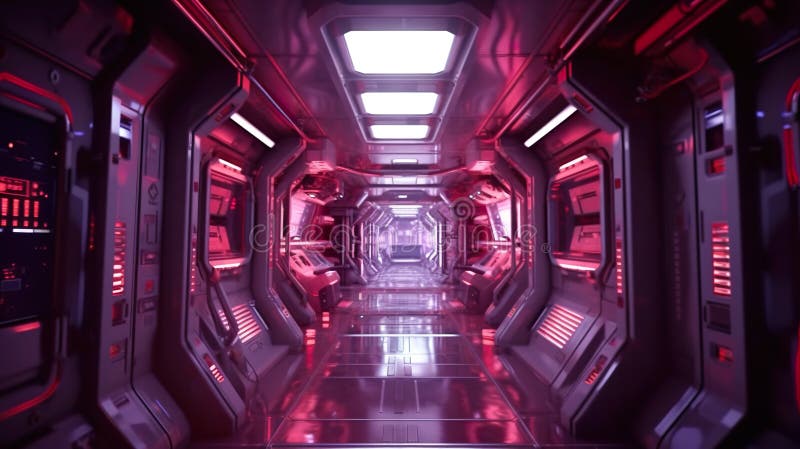 A Sci - Fi Spaceship Hallway with Red Lights. Generative AI Image ...