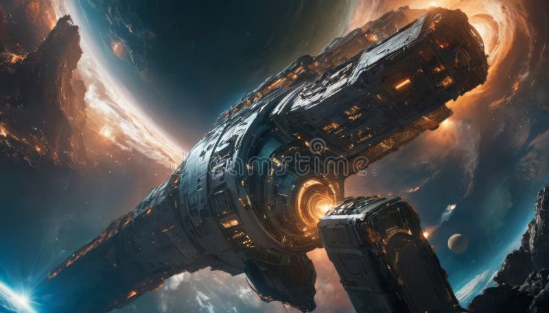Sci-Fi Spaceship Orbiting Cosmic Rift Stock Image - Image of colossal ...