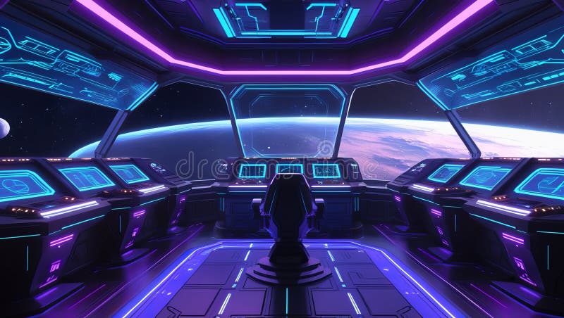 Sci-Fi Starship Command Center Overlooking Planet and Deep Space Stock ...