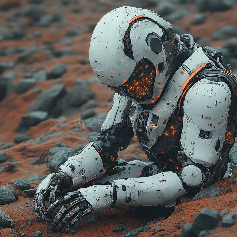 Sci-fi Style Illustration of a Humanoid Robot Scouring a Desolate ...