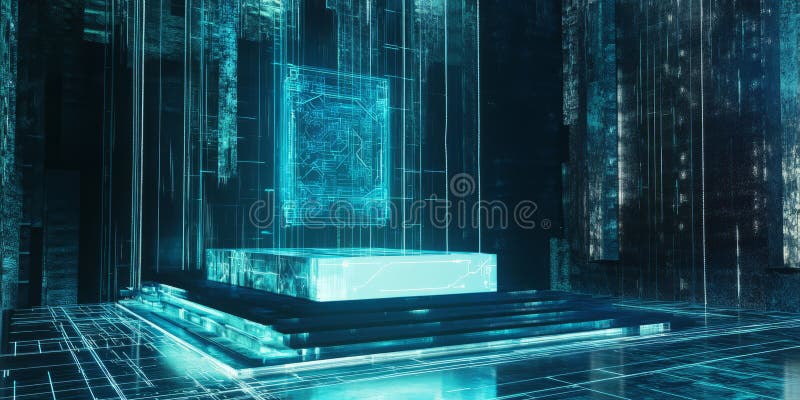 A Sci-fi Themed 3D Background Showcasing a Glowing Blue Podium Inside a ...