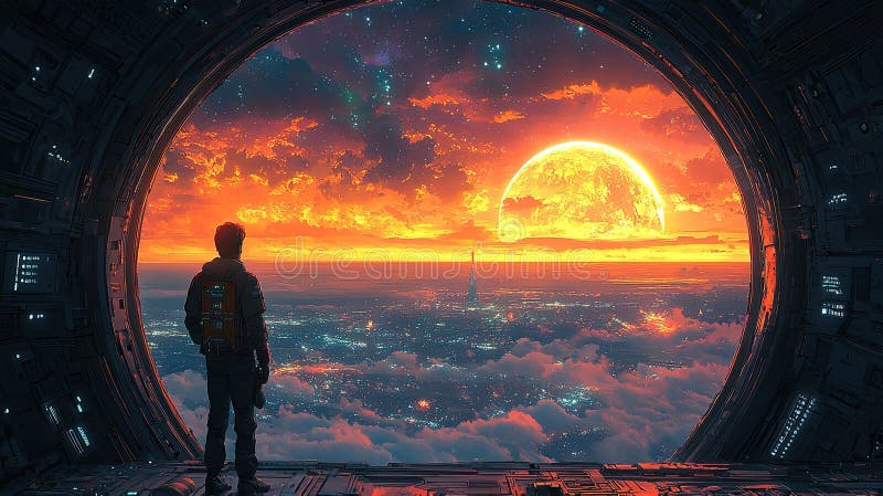 Sci-fi Traveler Observing Stunning Sunset from Space Station. Stock ...