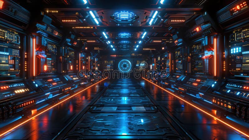 Sci-Fi Tunnel with Digital Earth Projection Stock Illustration ...