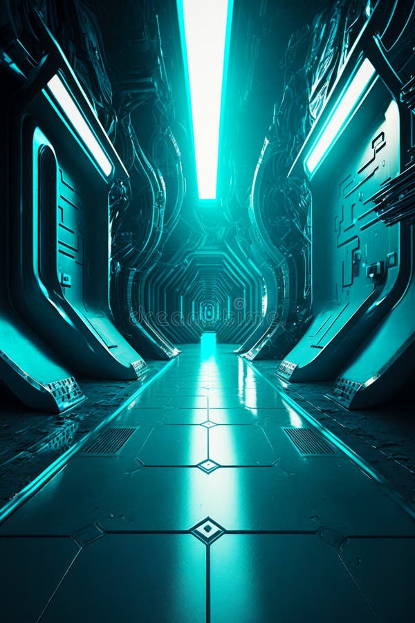 Sci - Fi Tunnel in Sci - Fi Building with Bright Blue Light Coming from ...