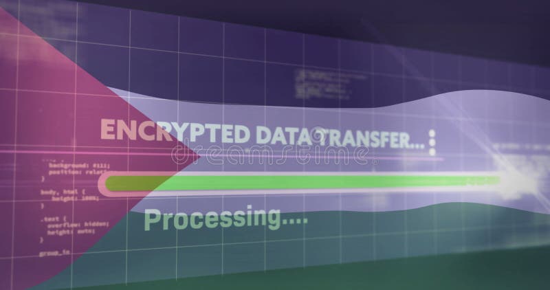 Sci-fi UI Showing Encrypted Data Transfer Progress Bar Moving Across Neon Grid and Waveforms ...