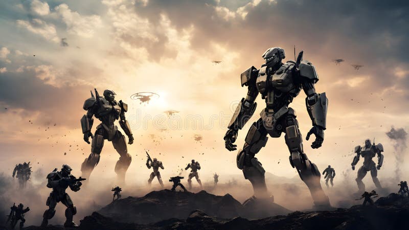 Sci Fi War Scene with Mega Robots Stock Illustration - Illustration of ...