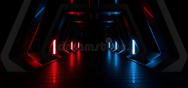 Sci Fy Neon Lamps in a Dark Corridor. Reflections on the Floor and ...