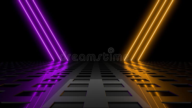 Sci Fy Neon Lamps in a Dark Corridor. Reflections on the Floor and ...