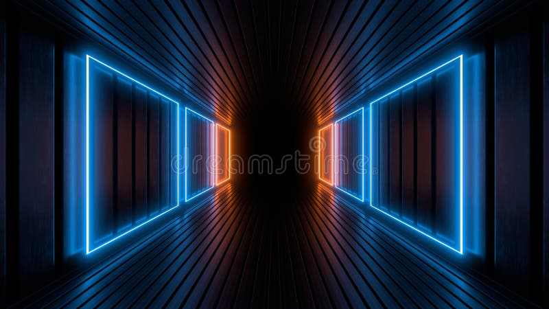 Sci Fy Neon Lamps in a Dark Tunnel. Reflections on the Floor and Walls ...