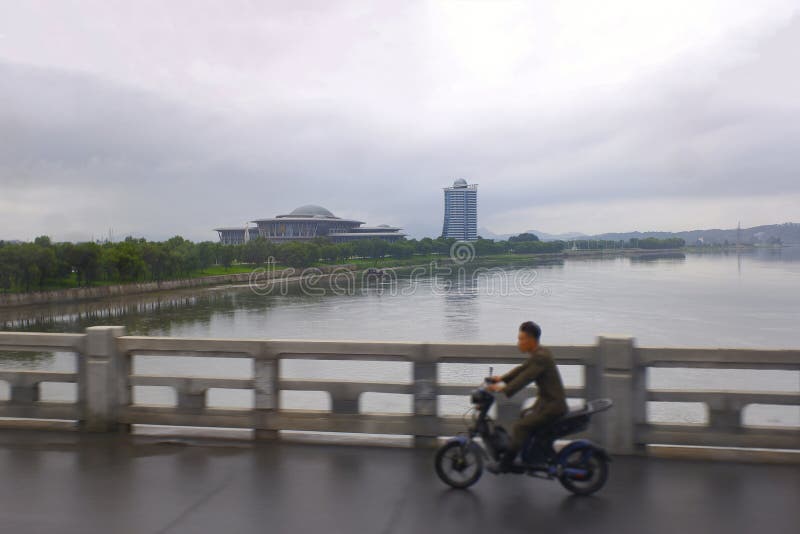 Sci-Tech Complex and Panorama of Ssuk-Som Island in Pyongyang. Cloudy ...
