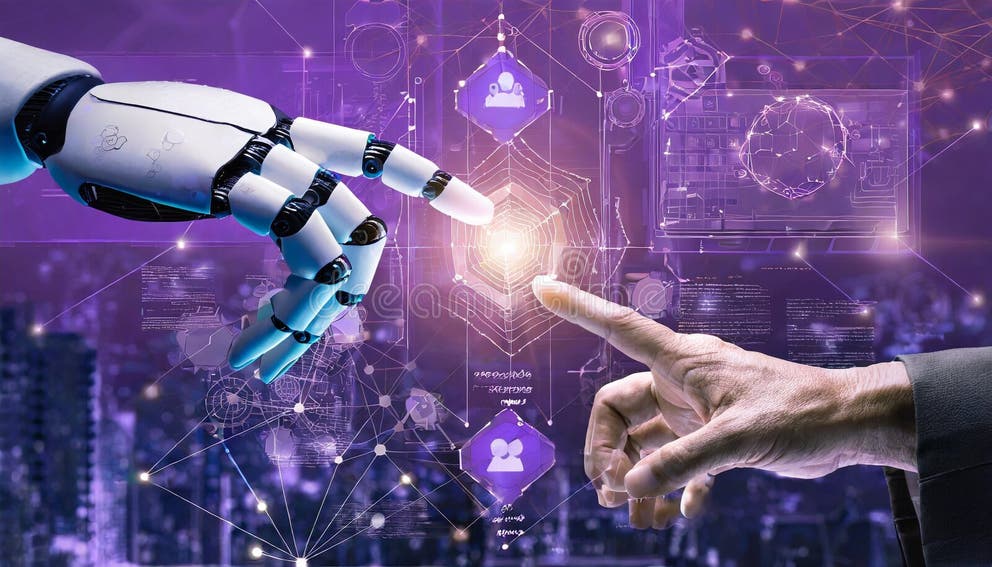 Science, AI, Machine Learning, Hands of Robot and Human Touching on Big ...