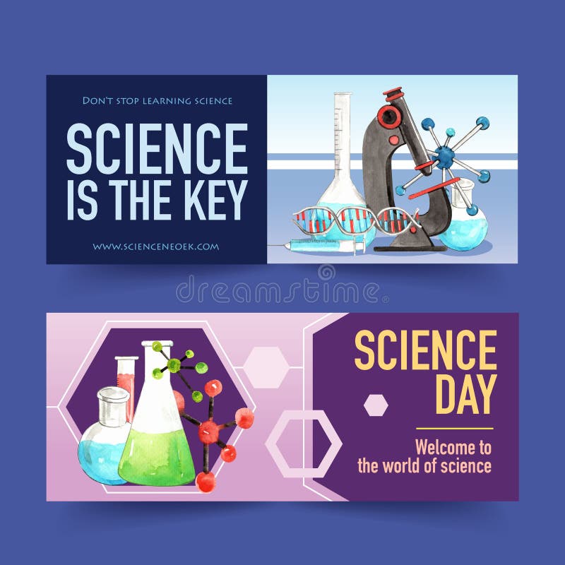 Science Banner Design with Microscope, Glass Flask, Syringe Watercolor ...