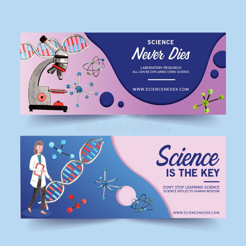 Science Banner Design with Molecule, DNA Watercolor Illustration Stock ...