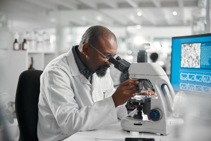 Science, Black Man and Development with Microscope in Lab for ...