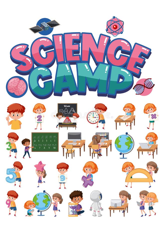 Science Camp Logo and Set of Children with Education Objects Isolated ...