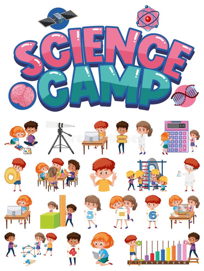 Science Camp Logo and Set of Children with Education Objects Isolated ...