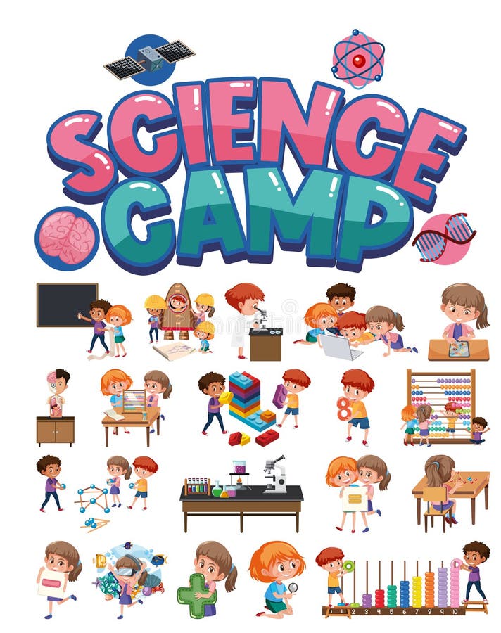 Science Camp Logo and Two Kids Wearing Scientist Costume Isolated Stock ...