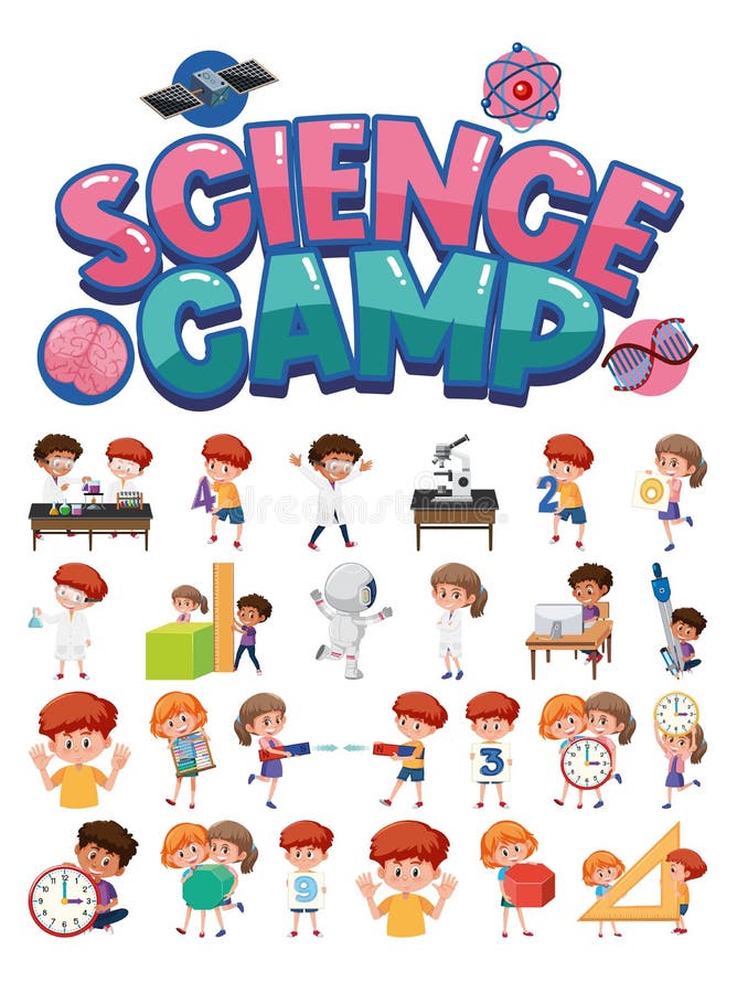 Science Camp Logo and Set of Children with Education Objects Isolated ...