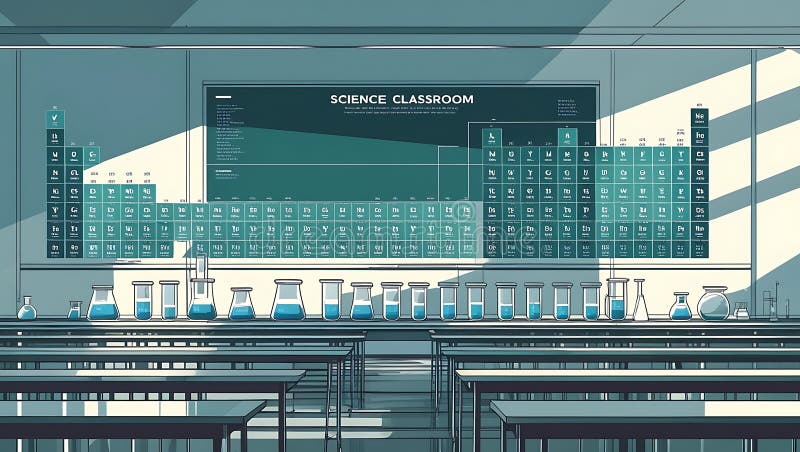 Science Classroom with Periodic Table and Lab Equipment Stock ...