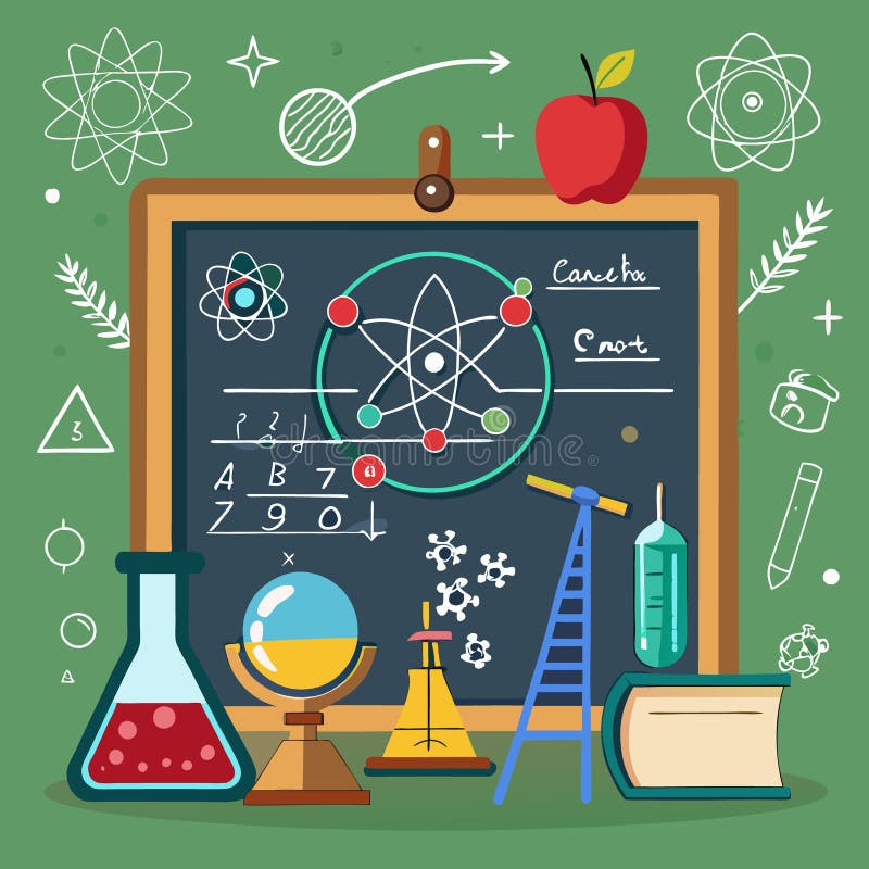 Science Classroom Scene with Chalkboard, Various Laboratory Tools, and ...