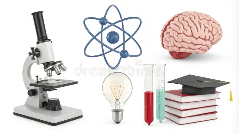 Science Concept Presenting Microscope, Atom, Brain, Light Bulb, Test ...